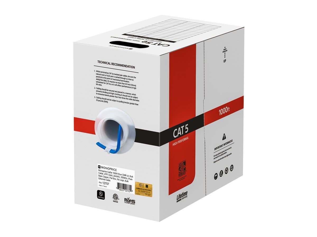 Monoprice Cat5e 1000ft Blue CMR UL Bulk Cable, UTP, Solid, 24AWG ...