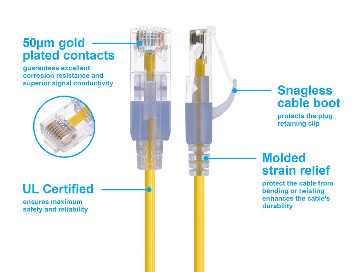 Monoprice Cat6A 7ft Yellow 10-Pk Patch Cable, UTP, 30AWG, 10G, Pure ...