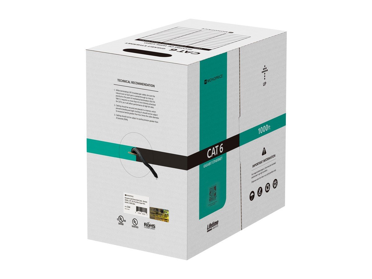 Monoprice Cat6 1000ft Black CM UL Bulk Cable, Stranded (w/spine), UTP ...