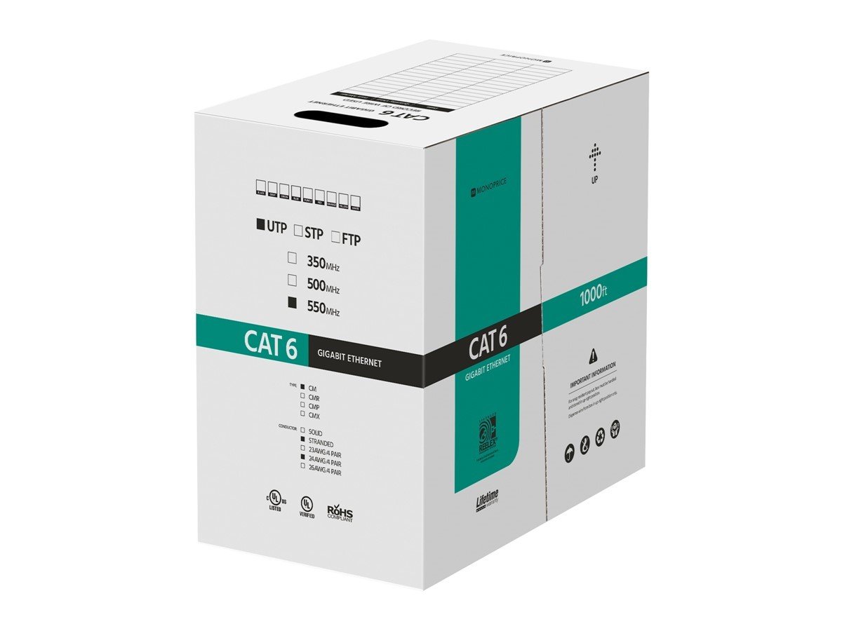 Monoprice Cat6 1000ft White CM UL Bulk Cable, Stranded (w/spine), UTP ...