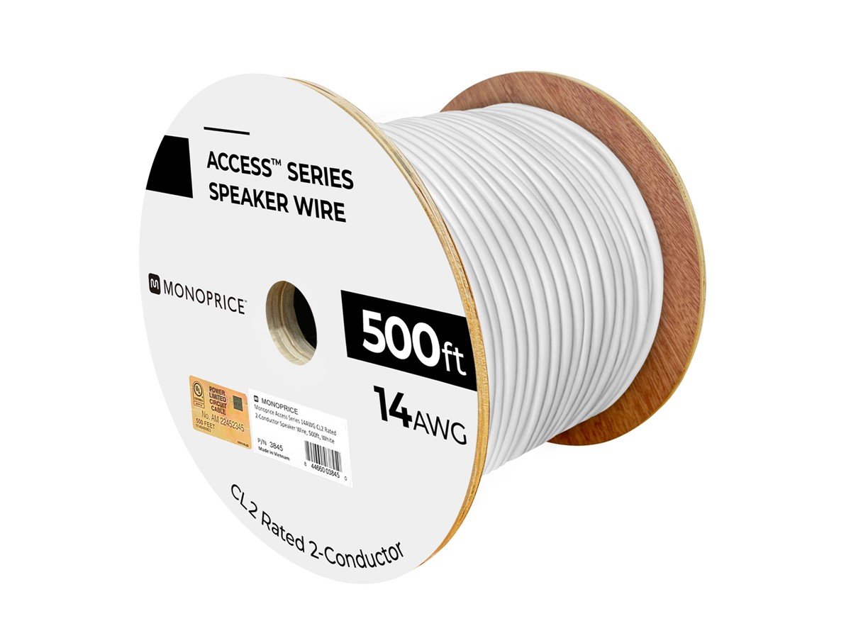 Monoprice Speaker Wire, CL2 Rated, 2-Conductor, 14AWG, 500ft, White ...
