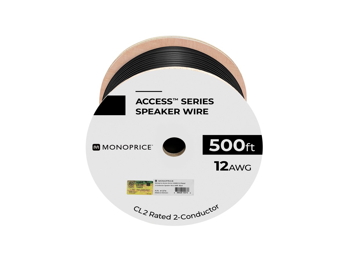 Monoprice Speaker Wire, CL2 Rated, 2-Conductor, 12AWG, 500ft, Black ...