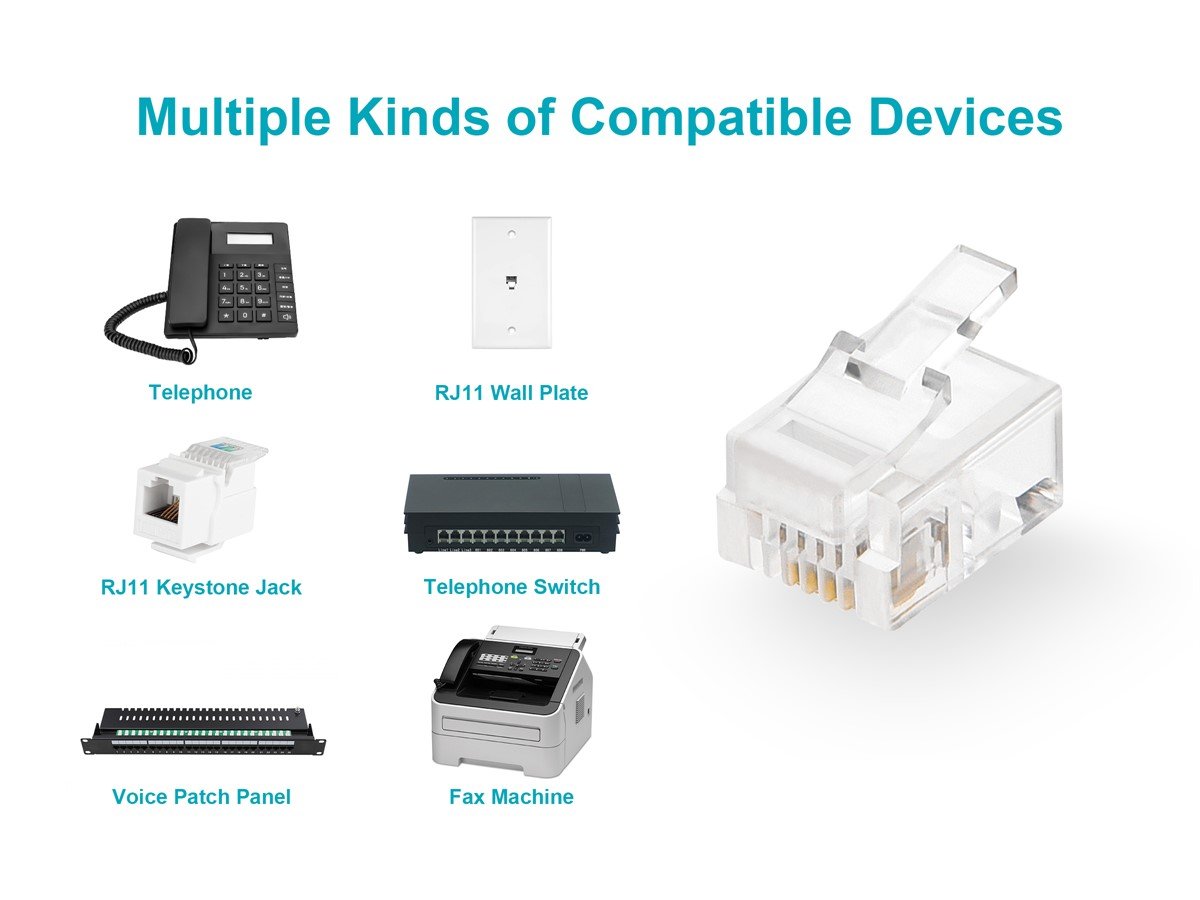 Monoprice 6P4C RJ11 Modular Plugs for Round Solid/Stranded Cable, 1u, 2 Prongs, Clear, 50-Pk ...